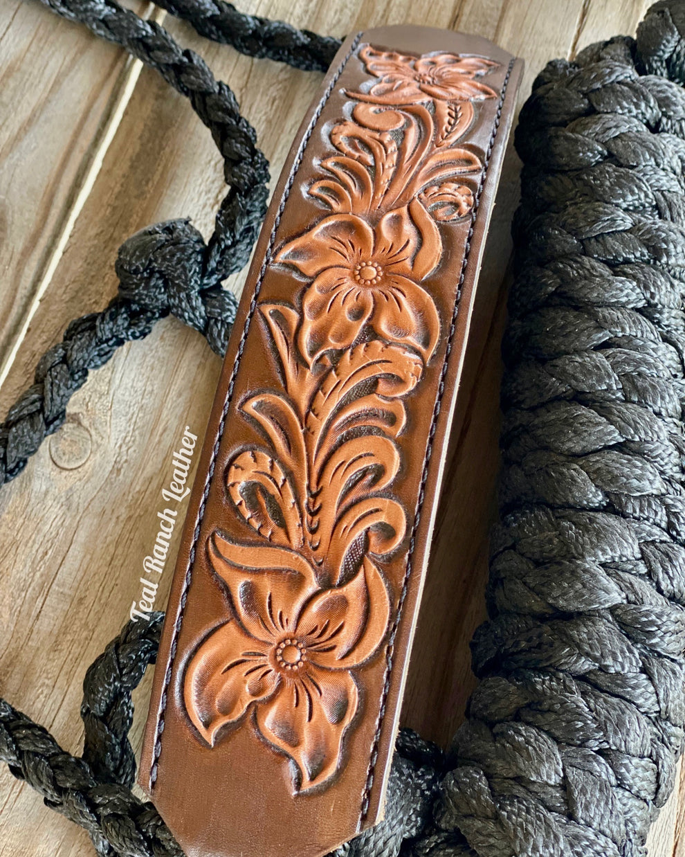 Tooled leather mule tape halter- black – Teal Ranch Leather